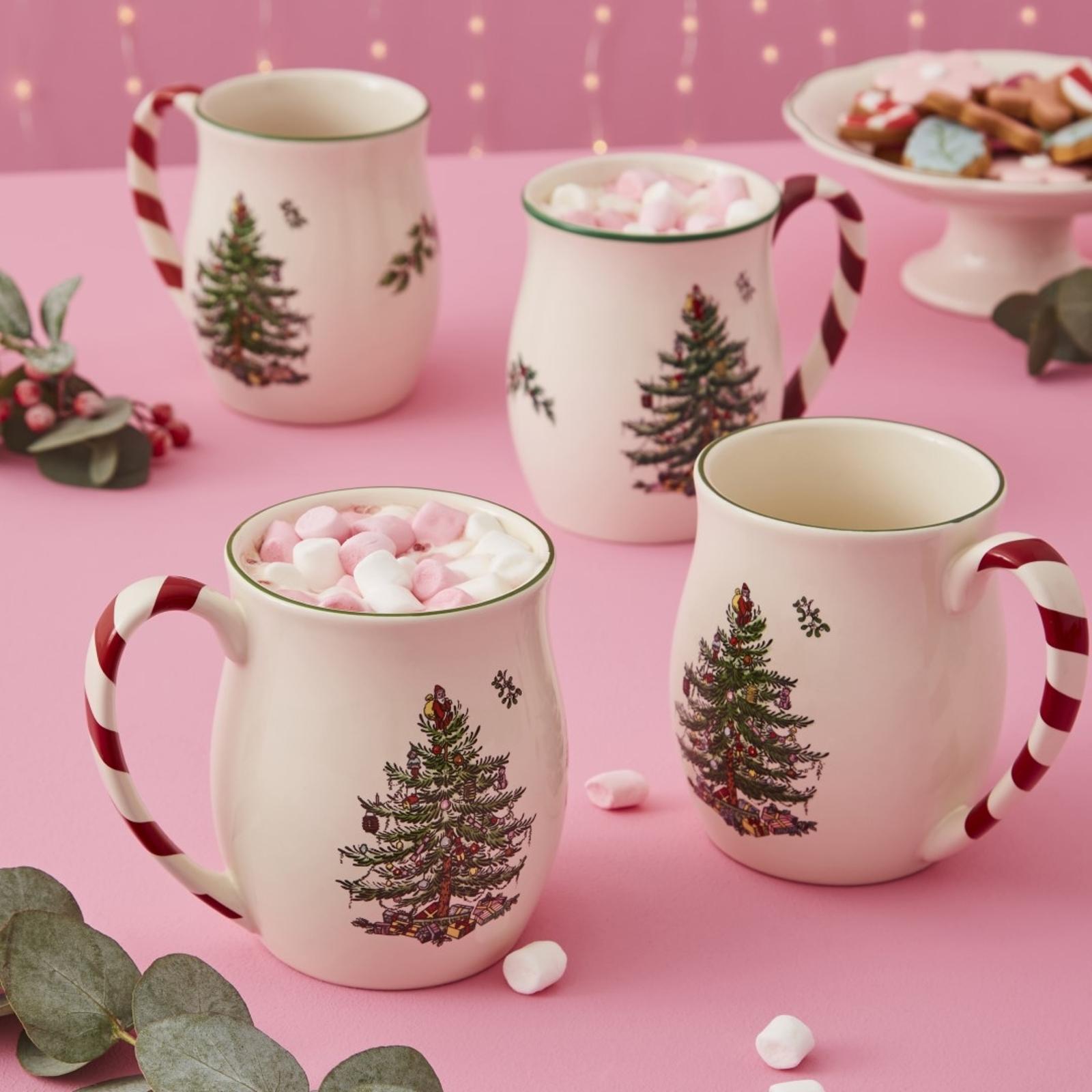 Set of 4 Christmas Tree Mugs with Peppermint Handles - BrandAlley