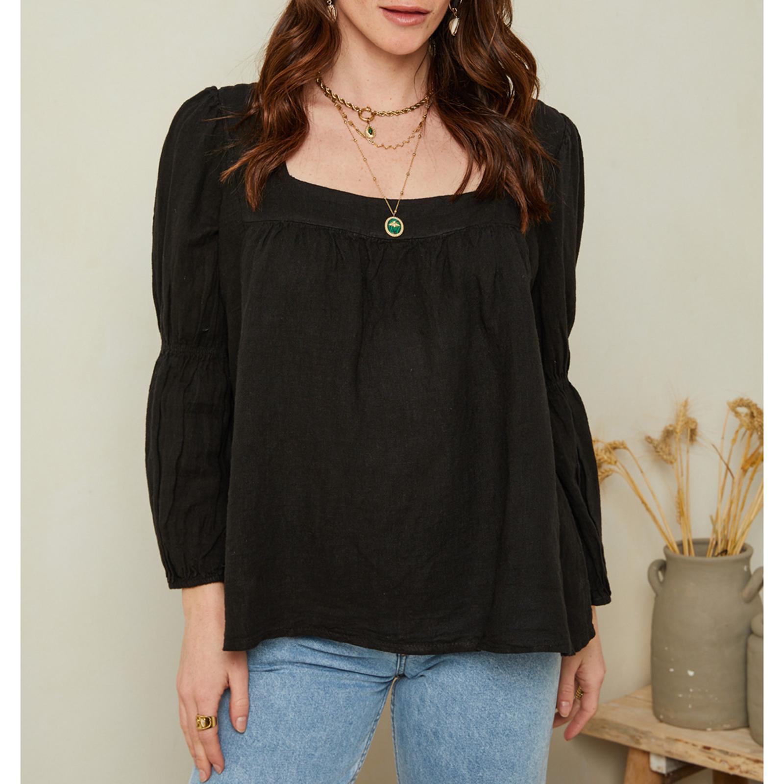 Black Square Neck Linen Blouse - BrandAlley