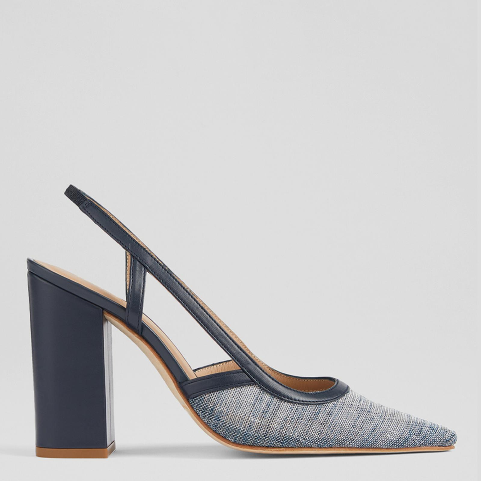 Navy Etta Leather And Linen Slingbacks - BrandAlley