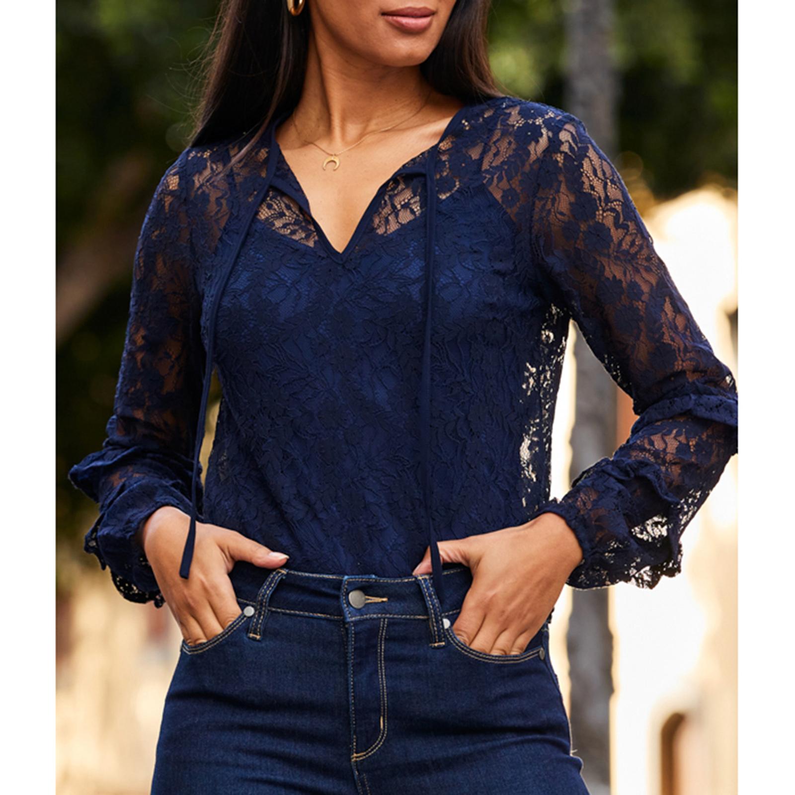 Navy Blue Lace Ruffle Sleeve Blouse - BrandAlley