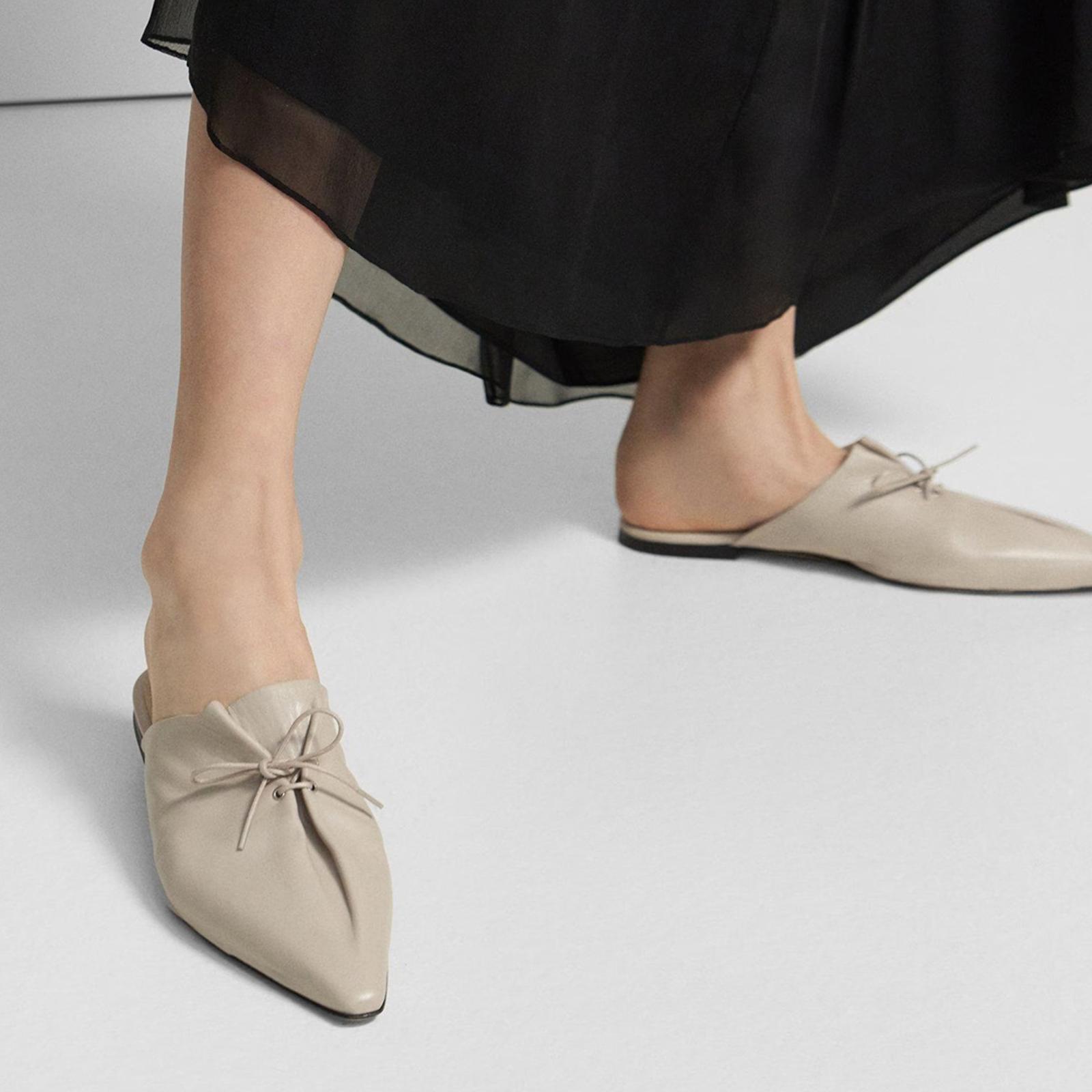 Cream Pleated Leather Mules - BrandAlley