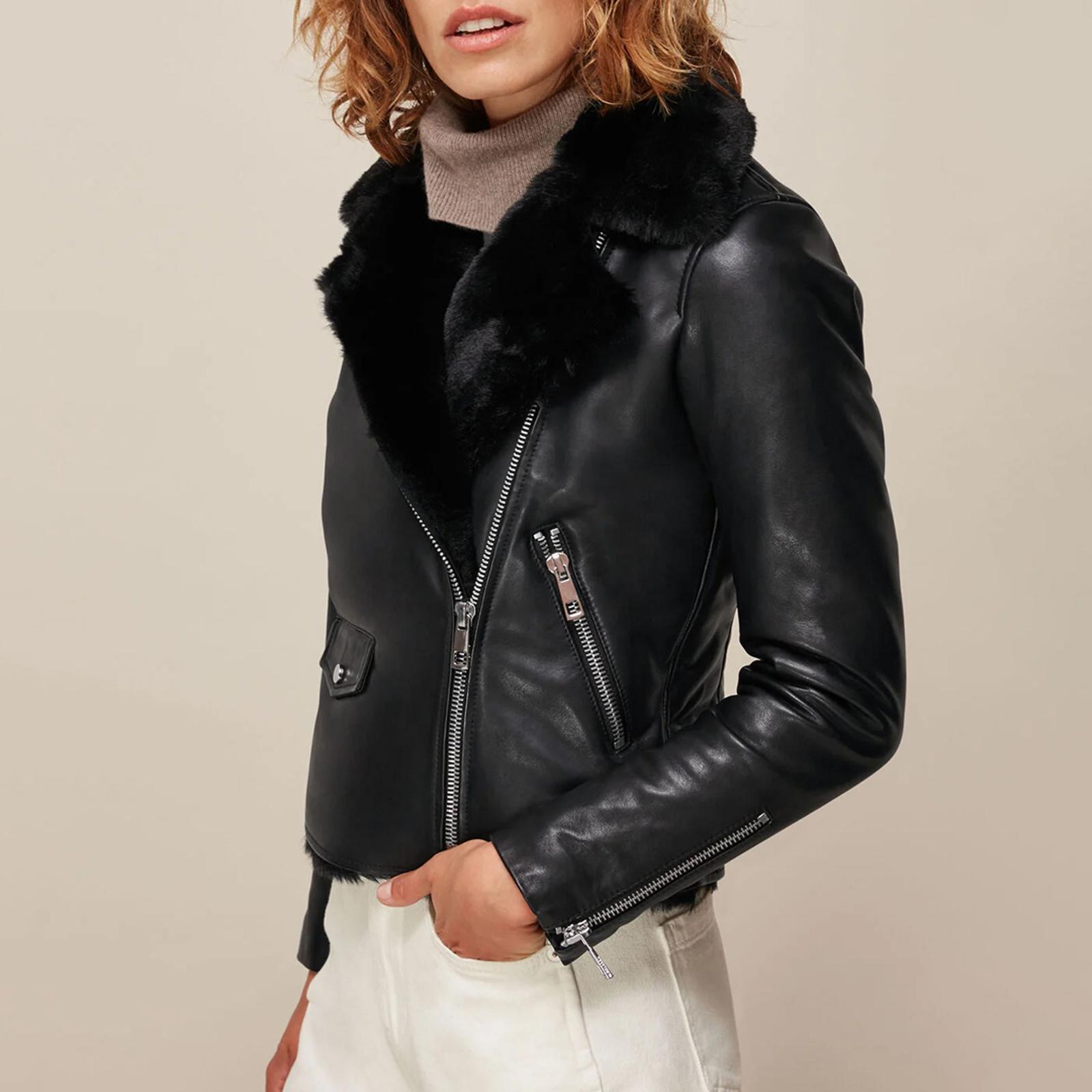 Black Faux Fur Lined Agnes Leather Biker Jacket - BrandAlley