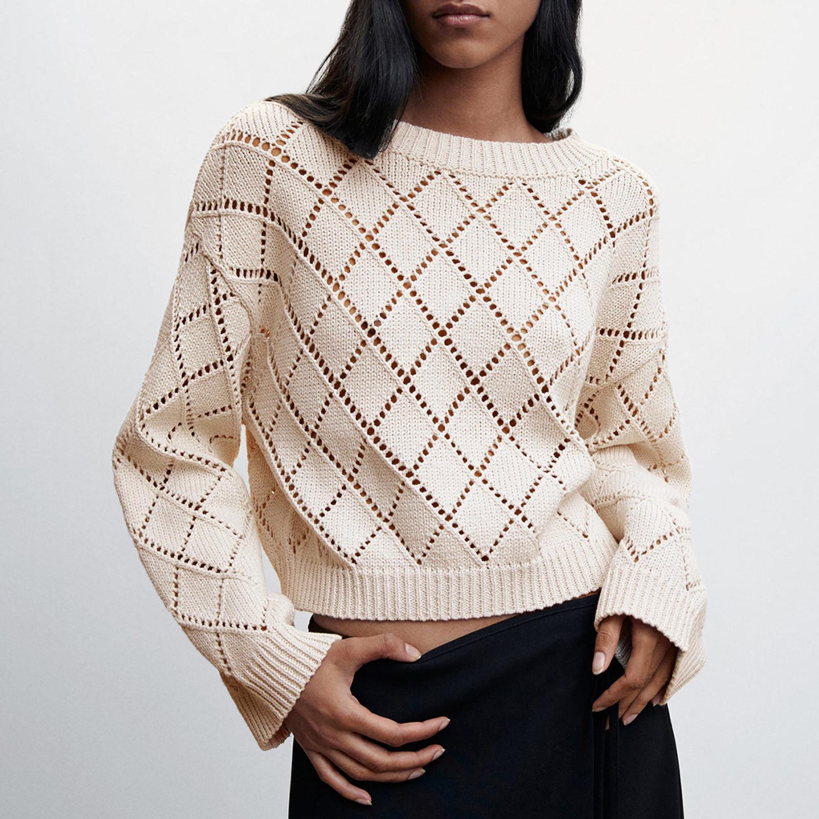Cream Cotton Cropped Openwork Jumper - BrandAlley
