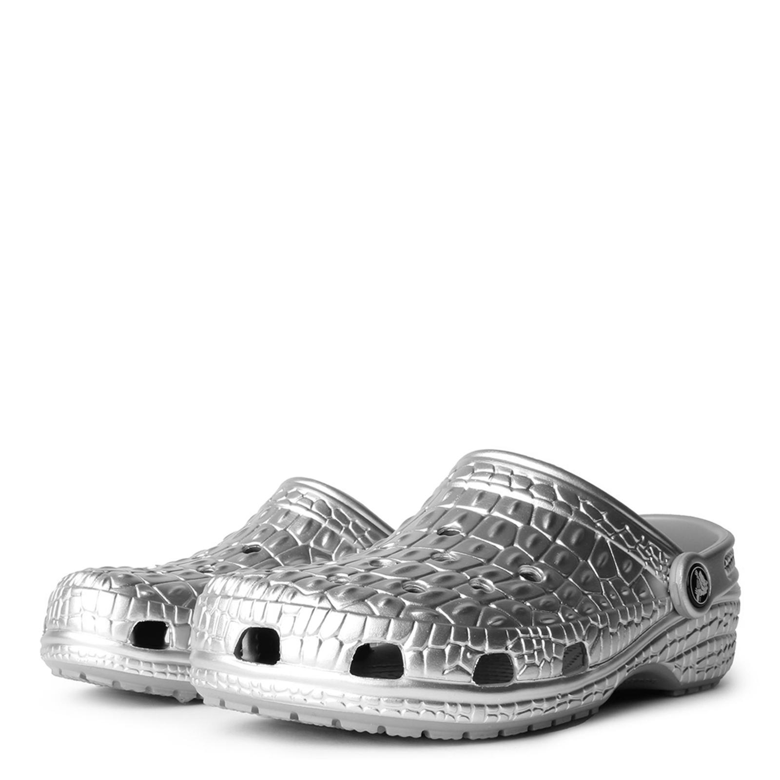Unisex Silver Metallic Crocskin Classic Clogs - BrandAlley