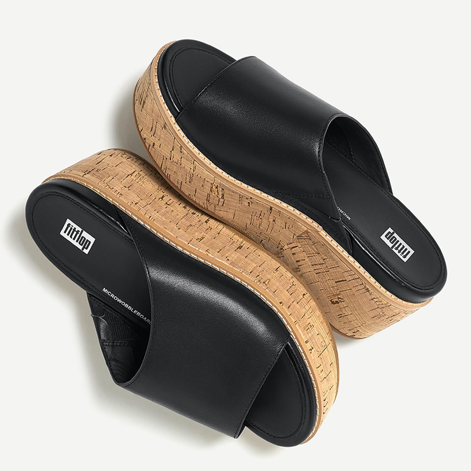 Black Eloise Cork Wrap Leather Wedge Slides - BrandAlley