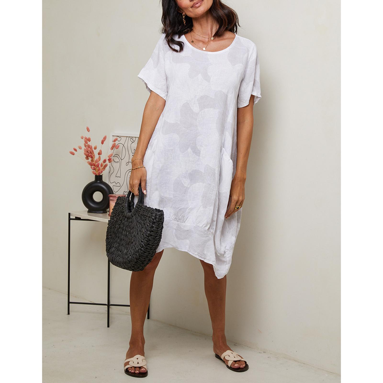 White Printed Linen Dress - BrandAlley
