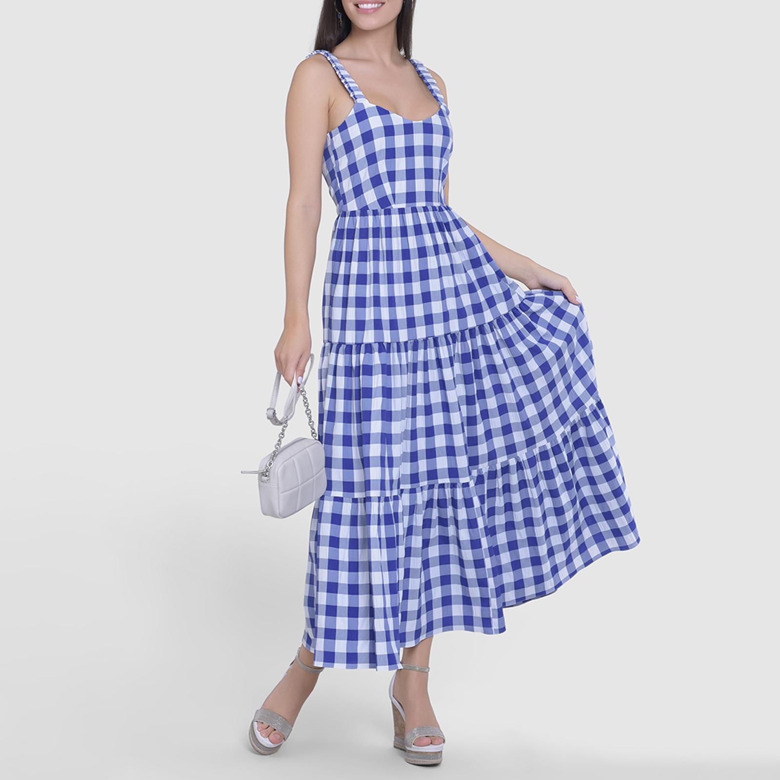 Blue Gathered Maxi Gingham Dress - BrandAlley