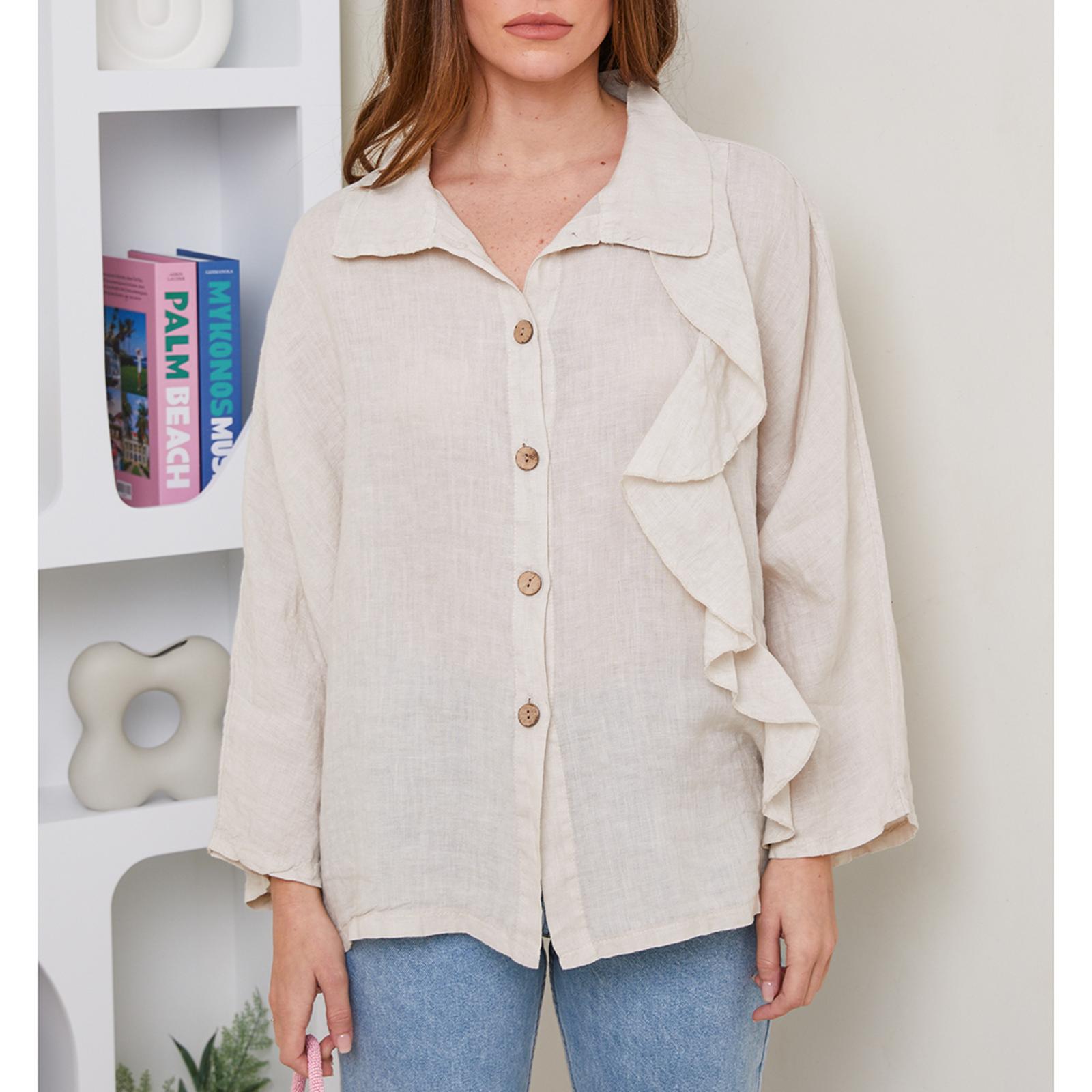 Beige Long Sleeve Linen Top - BrandAlley