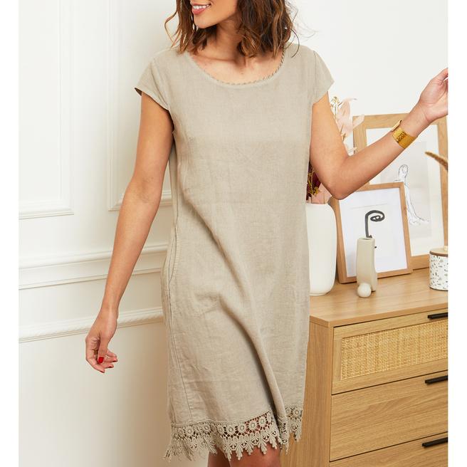 Beige Lace Trim Linen Dress - BrandAlley