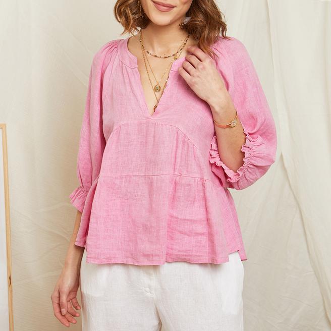 Pink Blouson Linen Blouse - BrandAlley