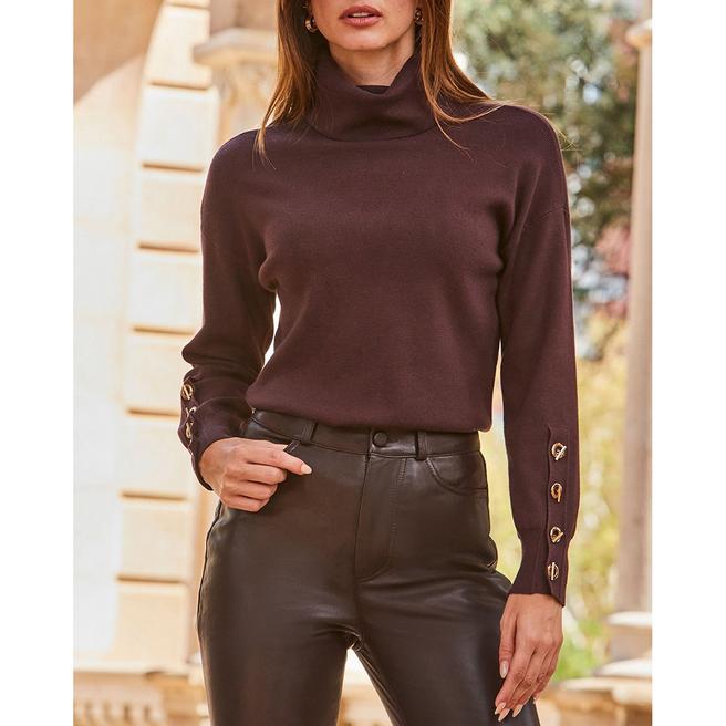 Chocolate Brown Roll Neck Cuff Detail Jumper - BrandAlley