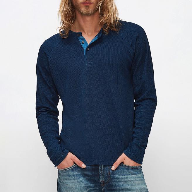 Dark Blue Henley Cotton Blend Top - BrandAlley