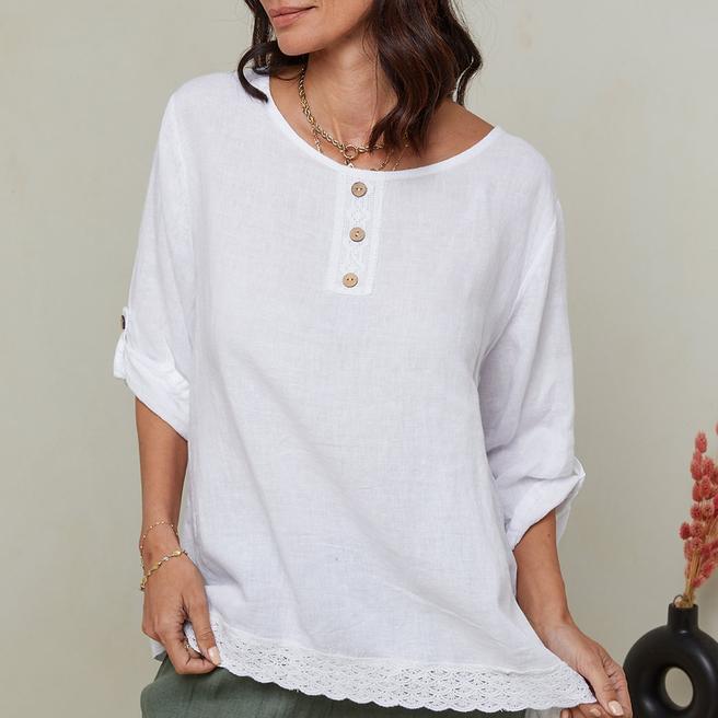 White Button Front Linen Blouse - BrandAlley