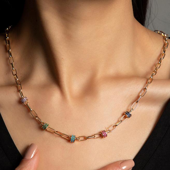 Gold Multi-Gemstone Chain Necklace - BrandAlley