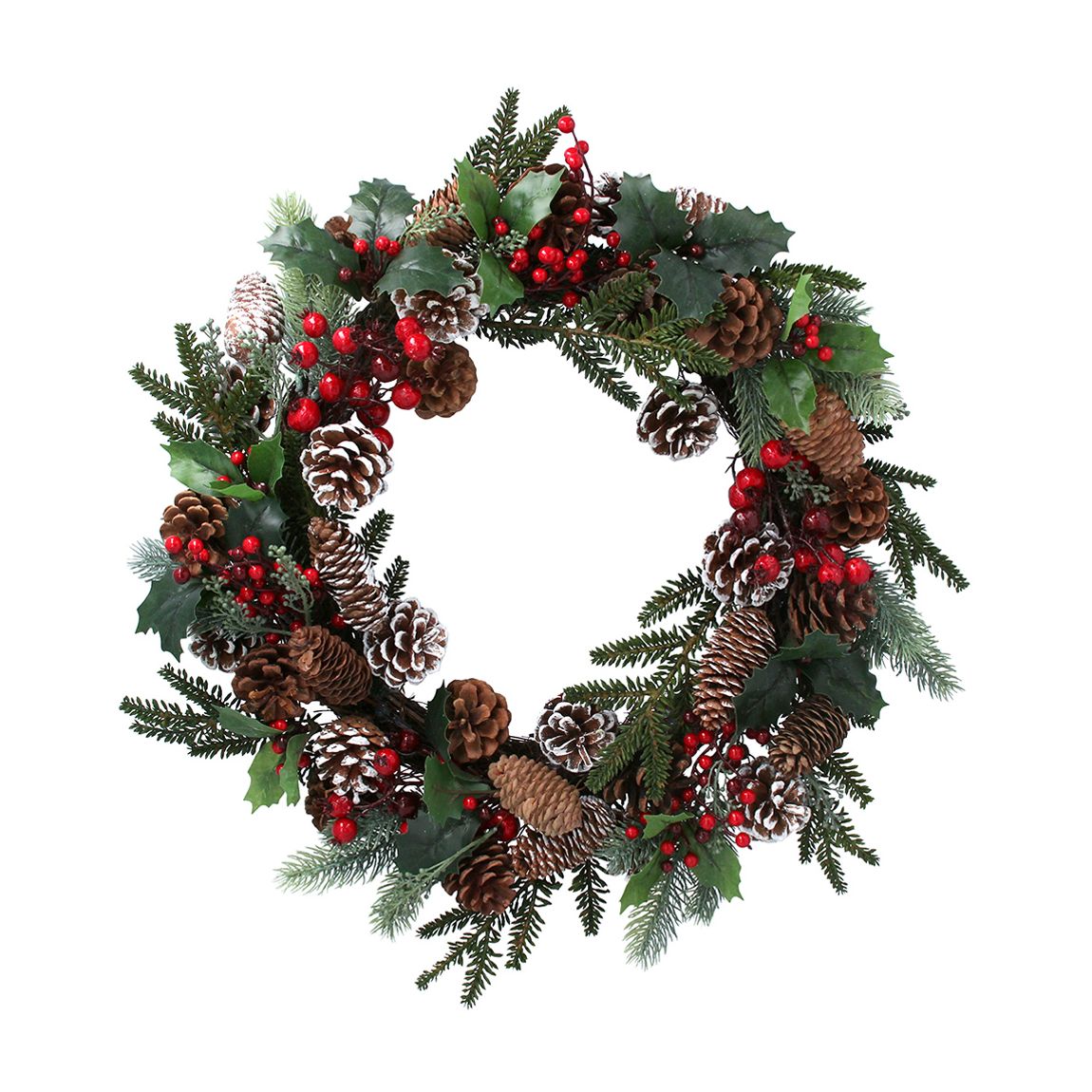Gisela Graham Fir/Leaf Wreath with Snowy Cones/Red Berries, 54cm ...